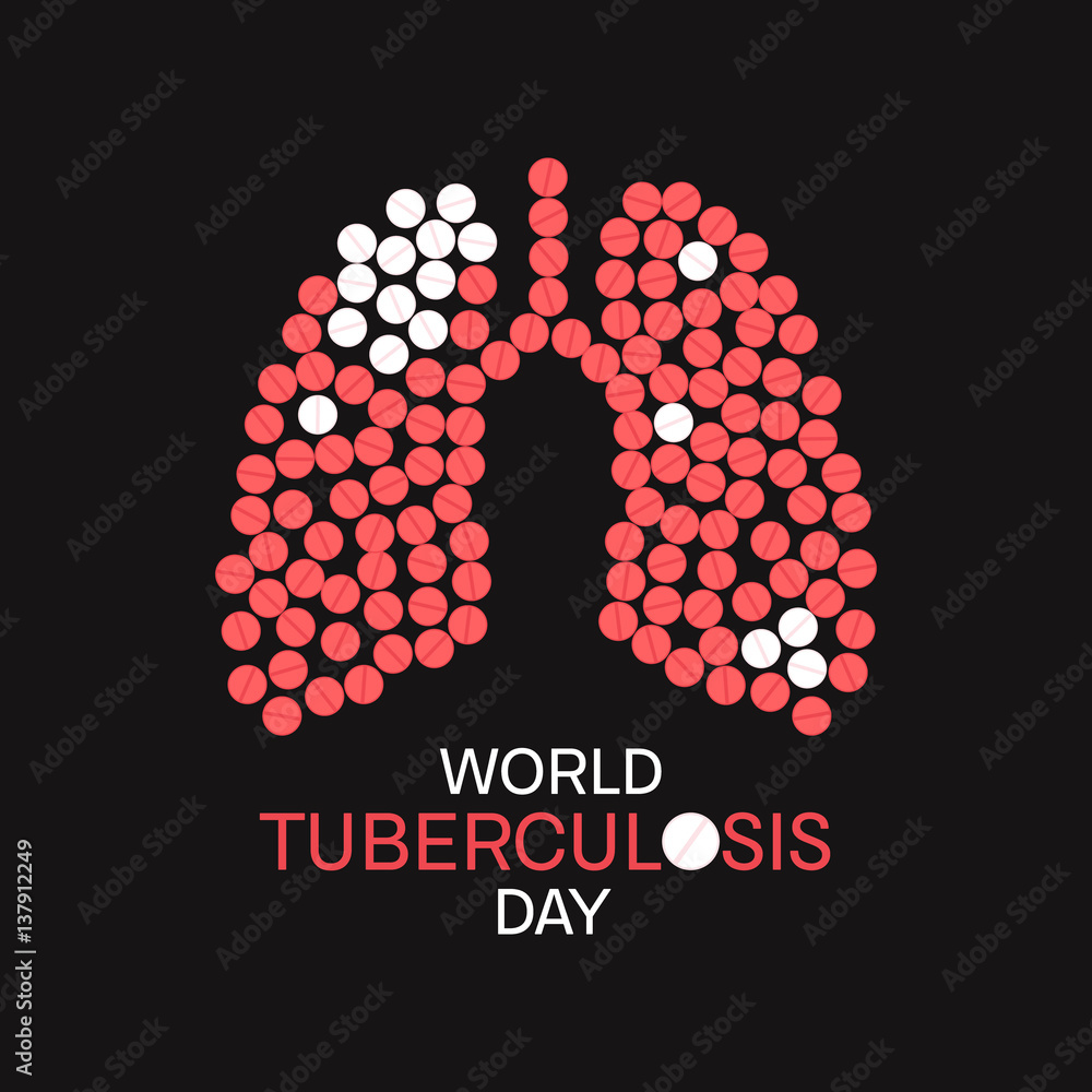 World Tuberculosis Day poster with lungs made of pills on black ...