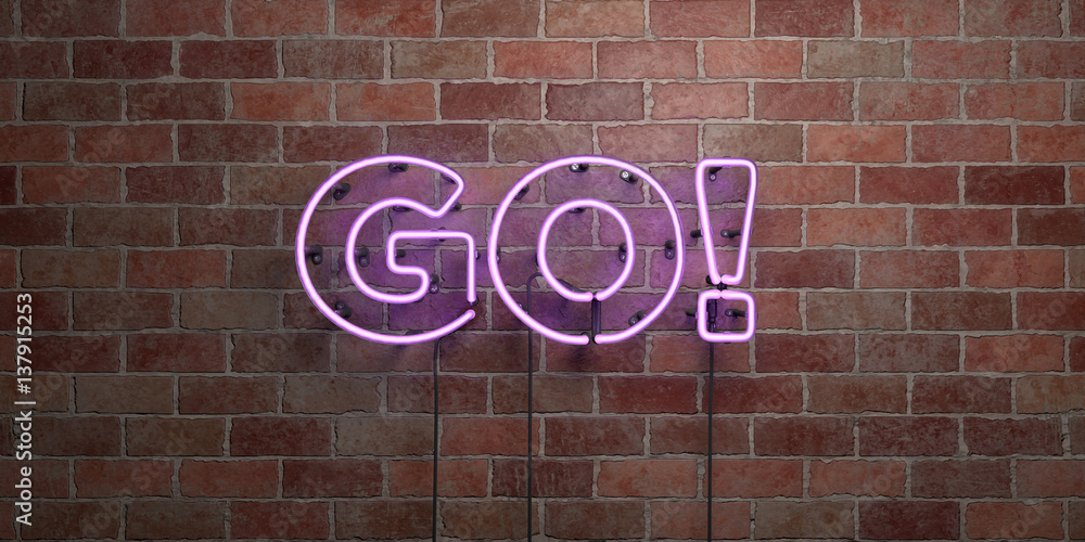GO! - fluorescent Neon tube Sign on brickwork - Front view - 3D ...