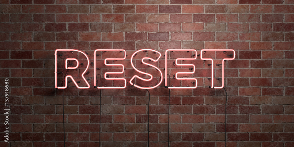 RESET - fluorescent Neon tube Sign on brickwork - Front view - 3D ...
