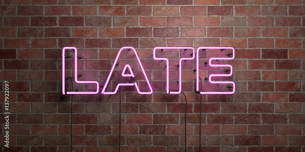 LATE - fluorescent Neon tube Sign on brickwork - Front view - 3D ...
