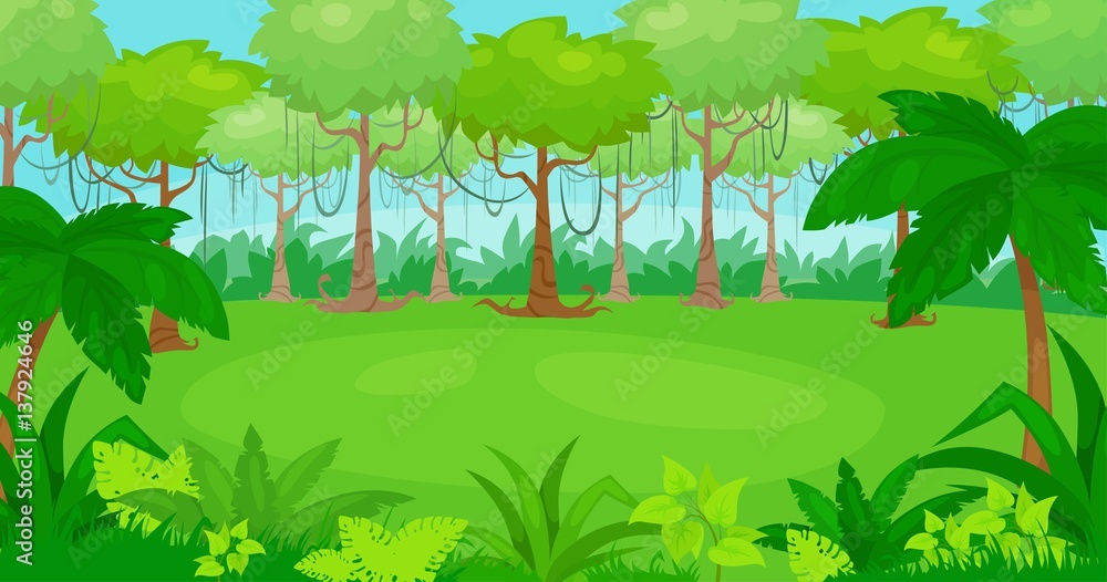 Vector cartoon illustration of jungle background. vector landscape ...