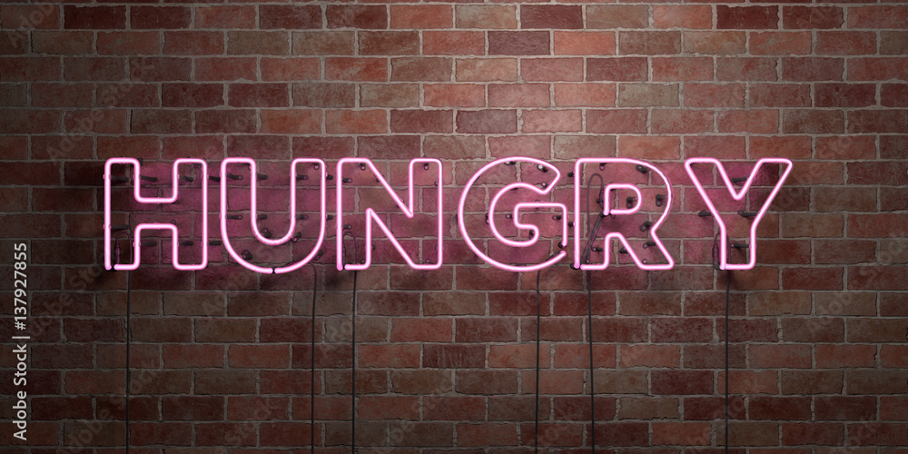 HUNGRY - fluorescent Neon tube Sign on brickwork - Front view - 3D ...