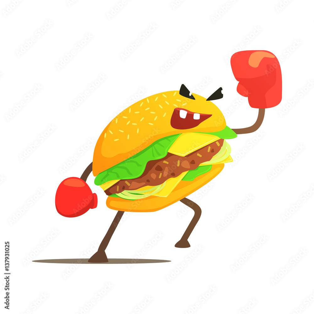 Burger Sandwich Box Fighter In Gloves, Fast Food Bad Guy Cartoon ...