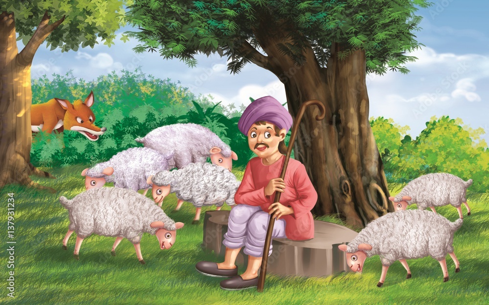 The Shepherd sitting under tree with sheep Stock Illustration | Adobe Stock