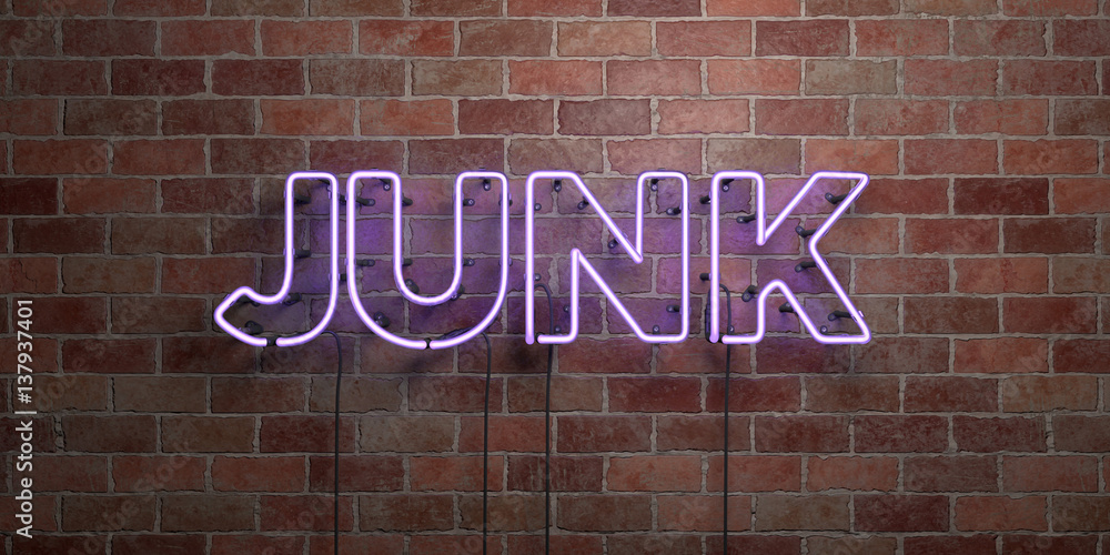 JUNK - fluorescent Neon tube Sign on brickwork - Front view - 3D ...