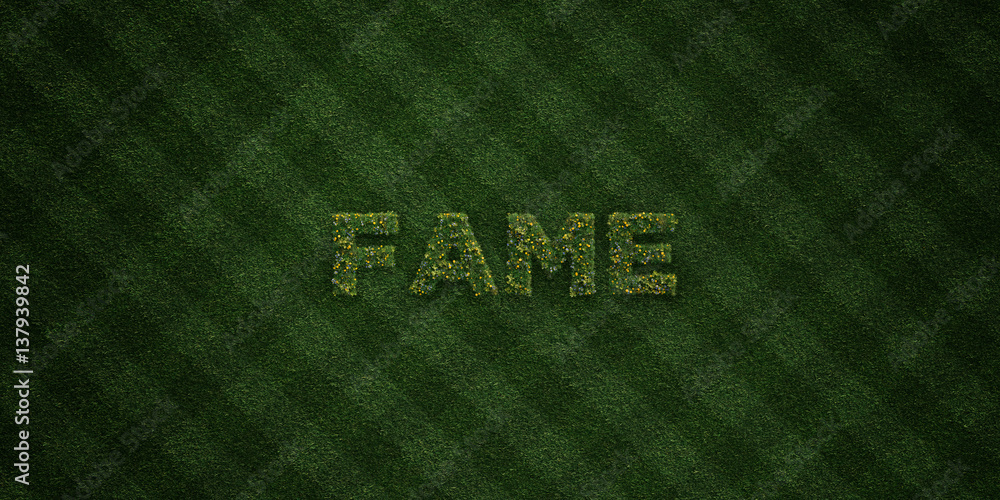 FAME - fresh Grass letters with flowers and dandelions - 3D rendered ...