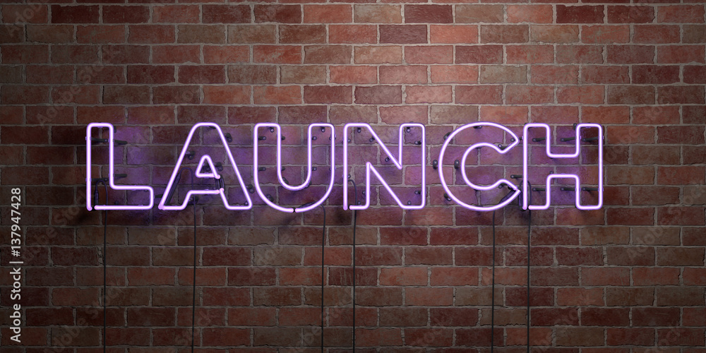 LAUNCH - fluorescent Neon tube Sign on brickwork - Front view - 3D ...
