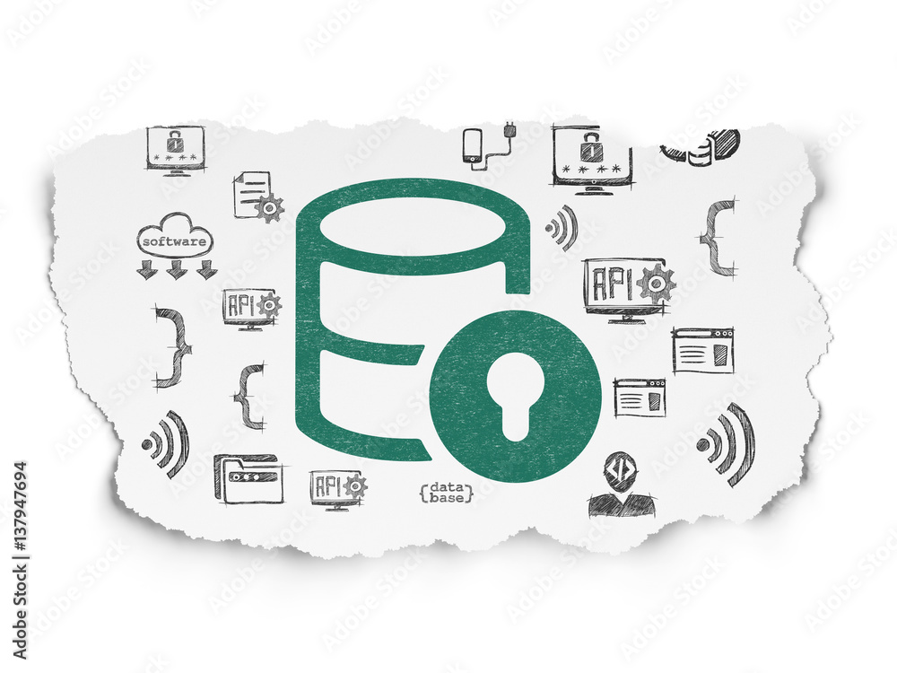 Programming concept: Database With Lock on Torn Paper background Stock ...