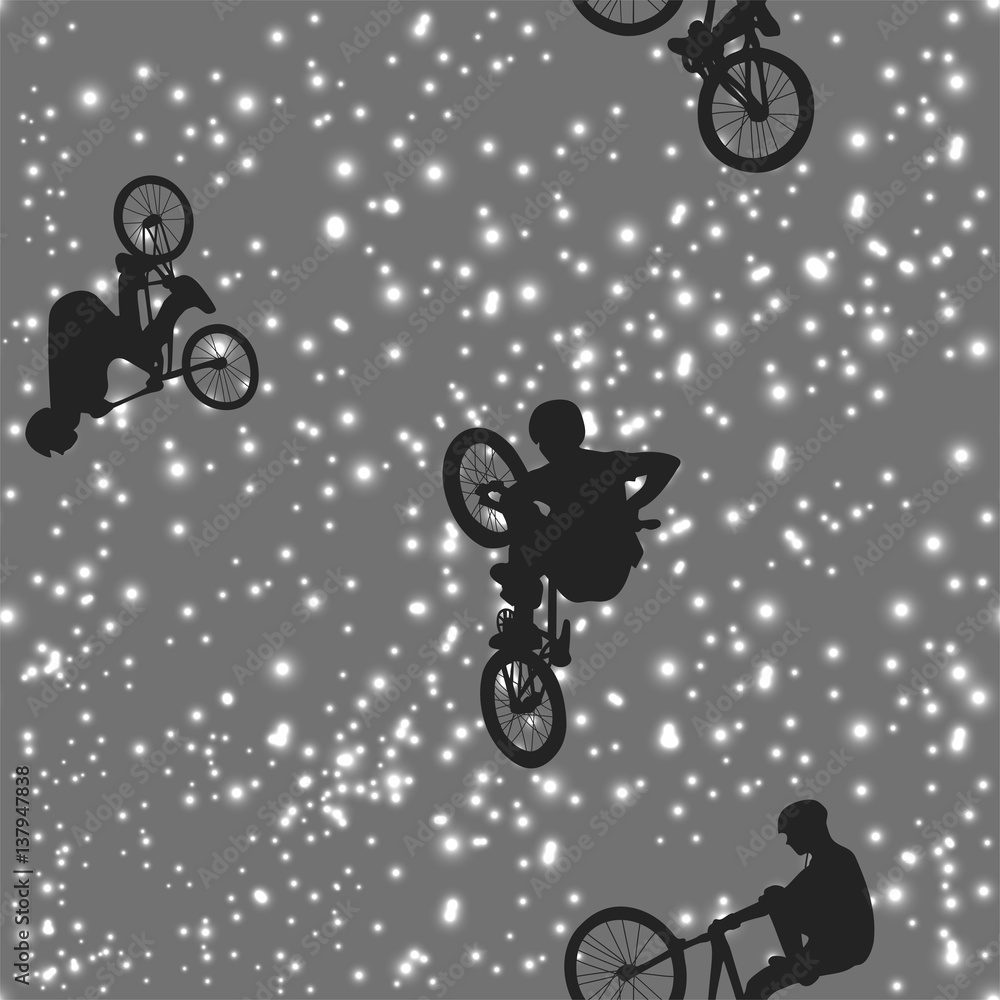 Cyclists doing stunts on space background. Silhouettes of people ...