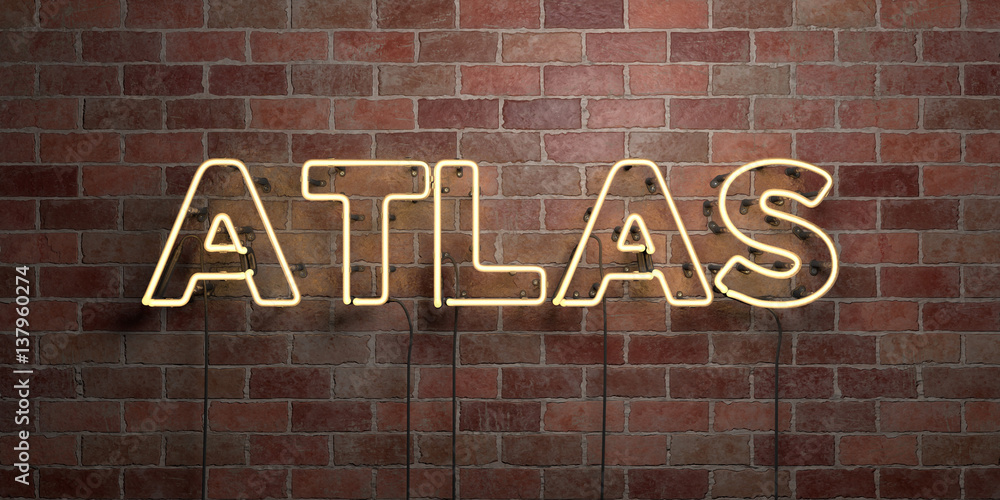 ATLAS - fluorescent Neon tube Sign on brickwork - Front view - 3D ...
