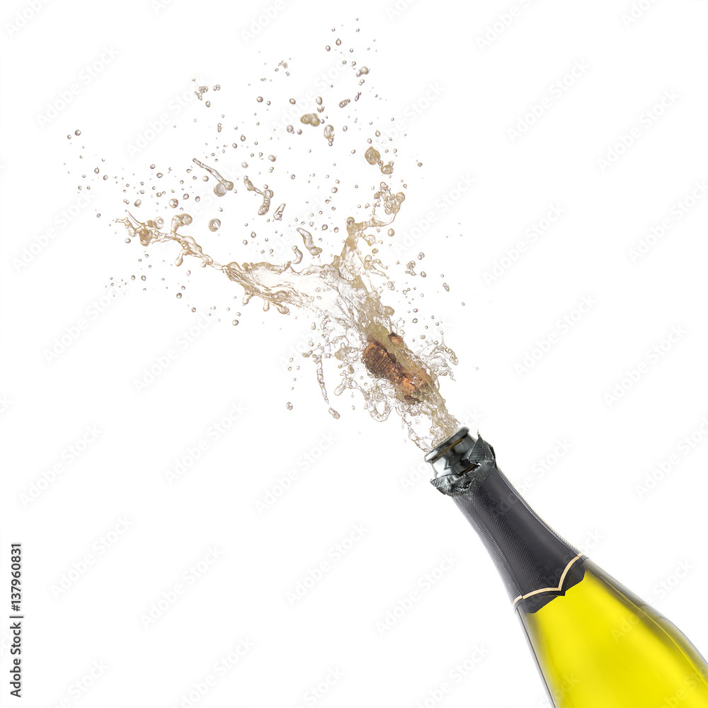 champagne bottle with popping corks isolated on white Stock Photo ...