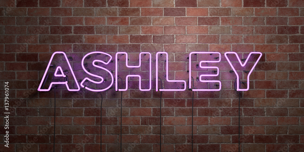 ASHLEY - fluorescent Neon tube Sign on brickwork - Front view - 3D ...