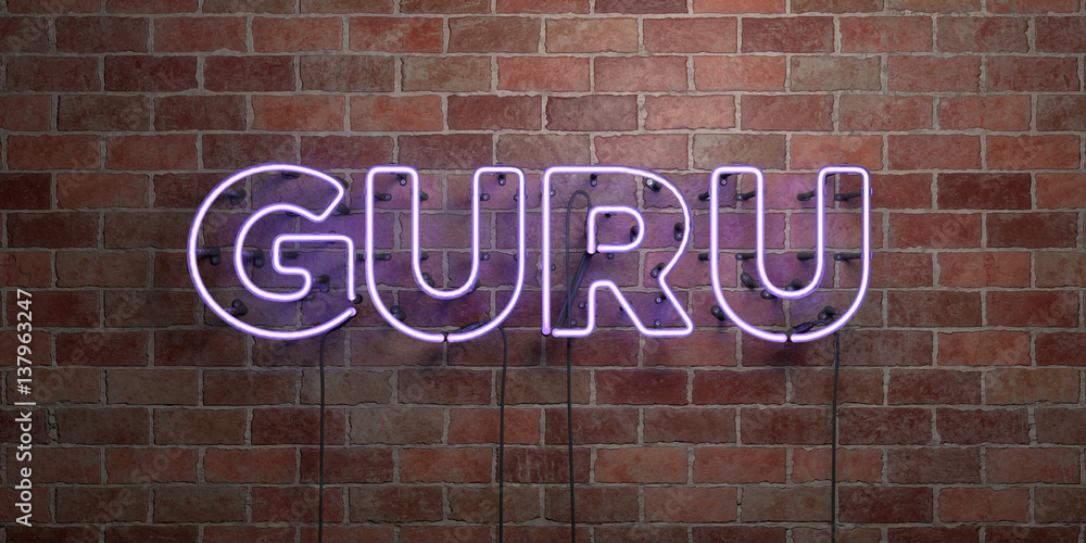 GURU - fluorescent Neon tube Sign on brickwork - Front view - 3D ...
