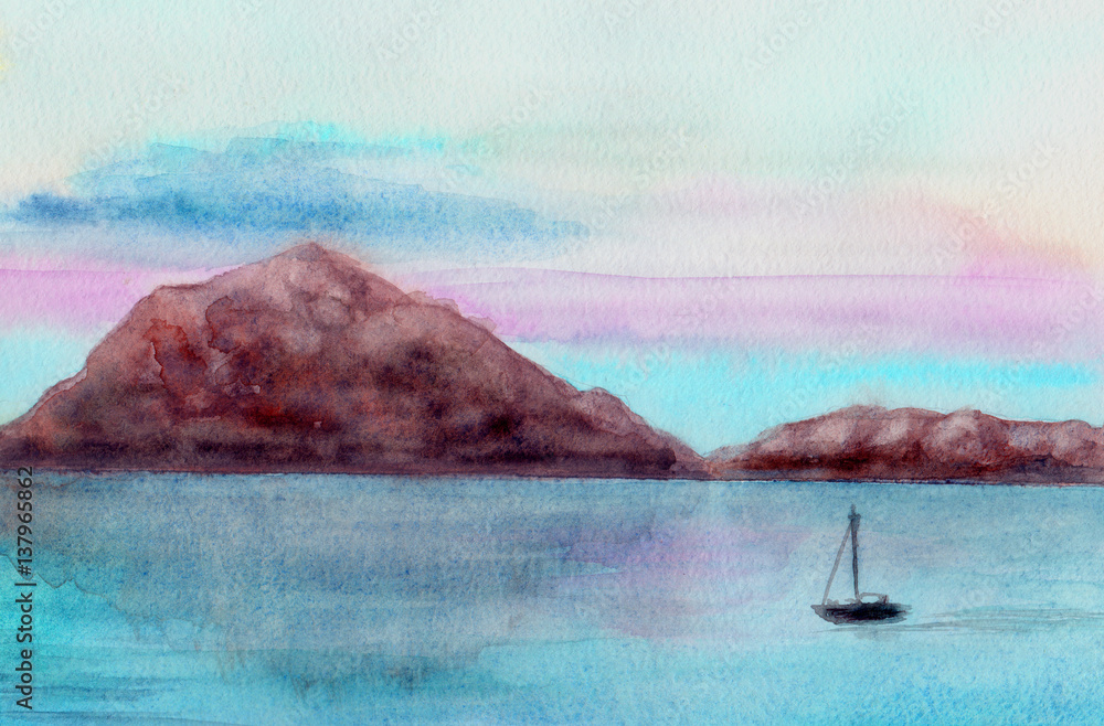 Sea Mountains And Sky Landscape Watercolor Painting Poster Stock