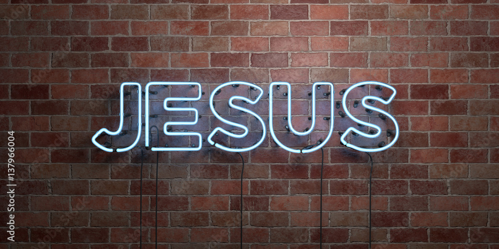 JESUS - fluorescent Neon tube Sign on brickwork - Front view - 3D ...