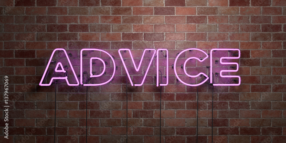 ADVICE - fluorescent Neon tube Sign on brickwork - Front view - 3D ...