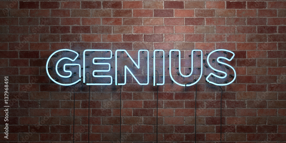 GENIUS - fluorescent Neon tube Sign on brickwork - Front view - 3D ...