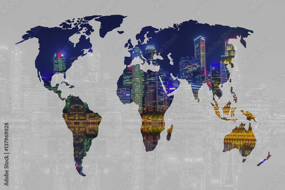 Double exposure world map and Singapore city background. Elements of ...