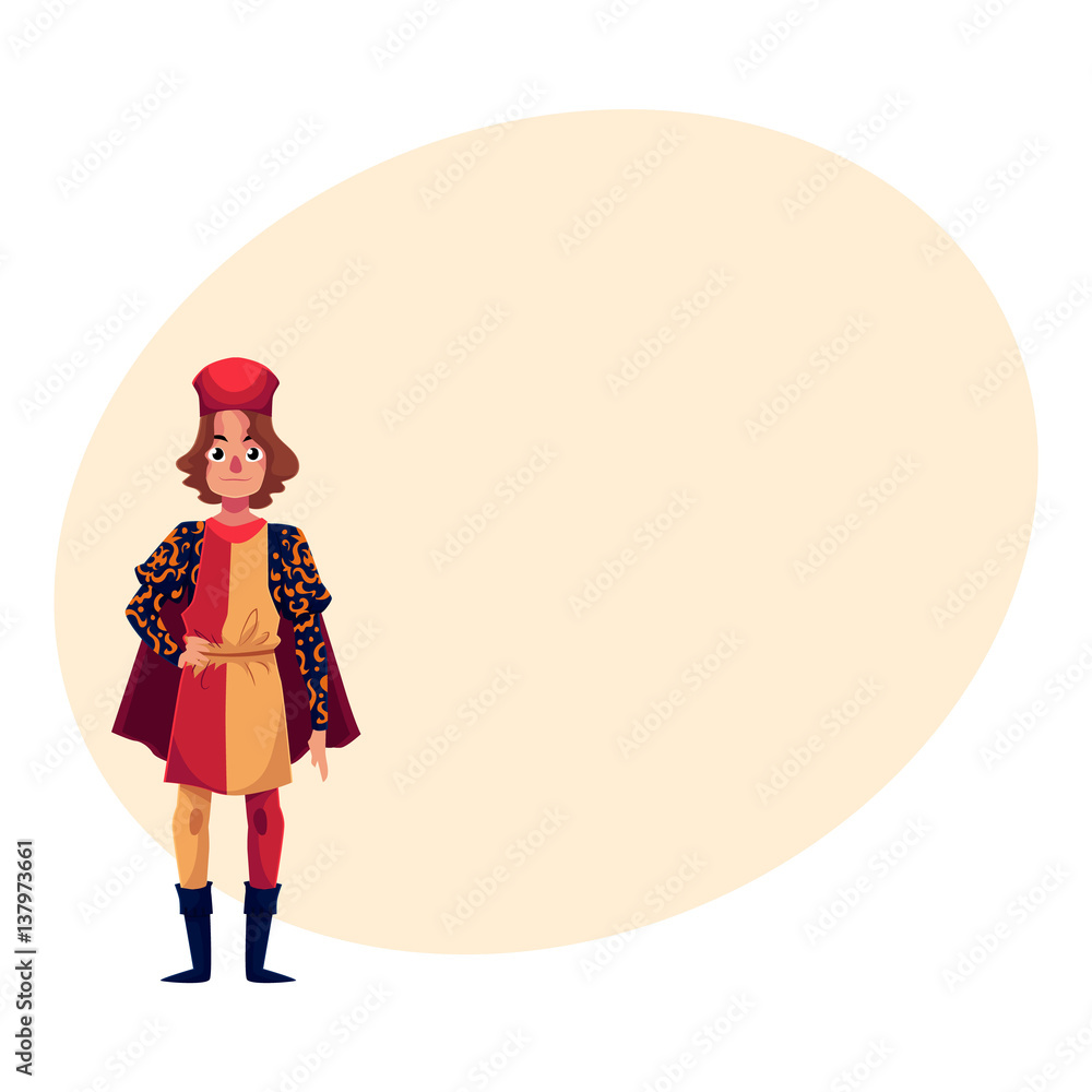 Full length portrait of young Italian man in Renaissance time costume ...