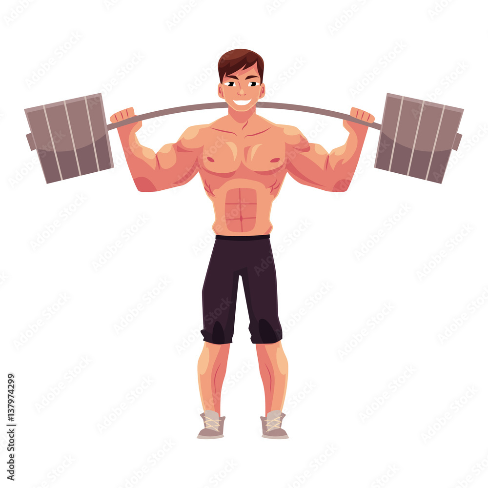 Man bodybuilder, weightlifter working out, training with barbell ...