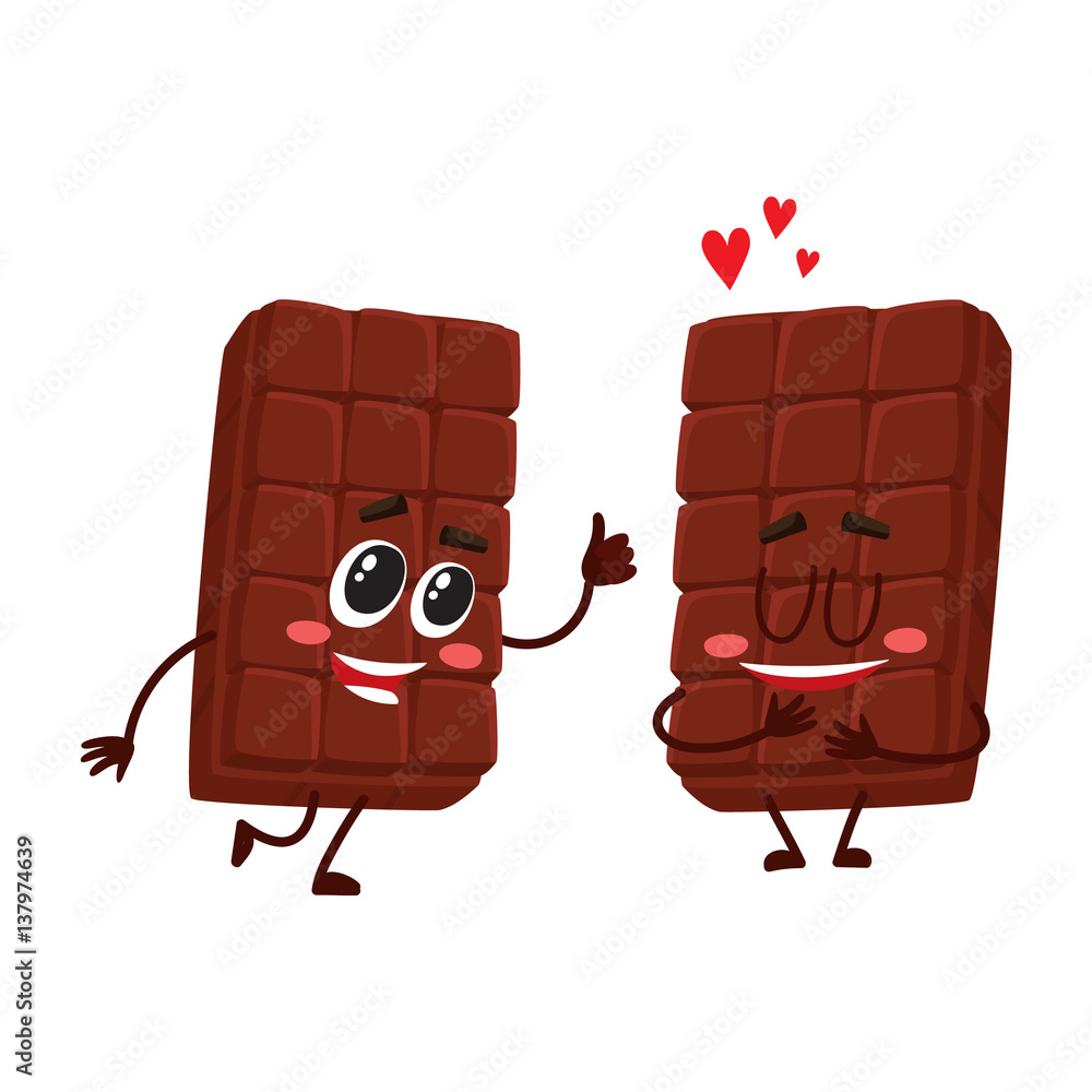 Two funny chocolate bar characters, one showing thumb up, another ...