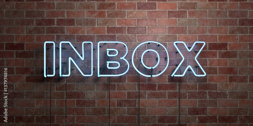 INBOX - fluorescent Neon tube Sign on brickwork - Front view - 3D ...