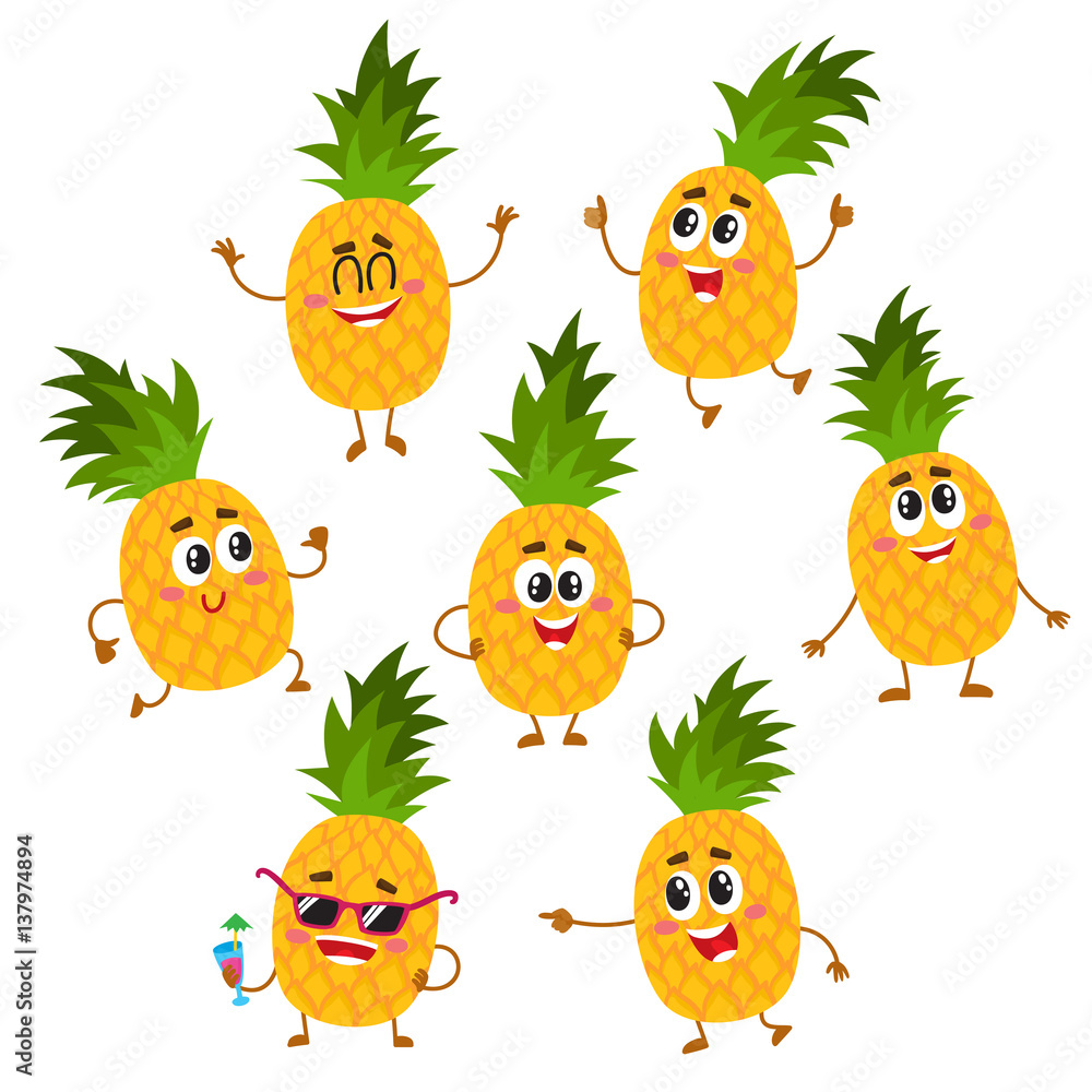 Set of cute and funny pineapple characters with happy faces, running ...