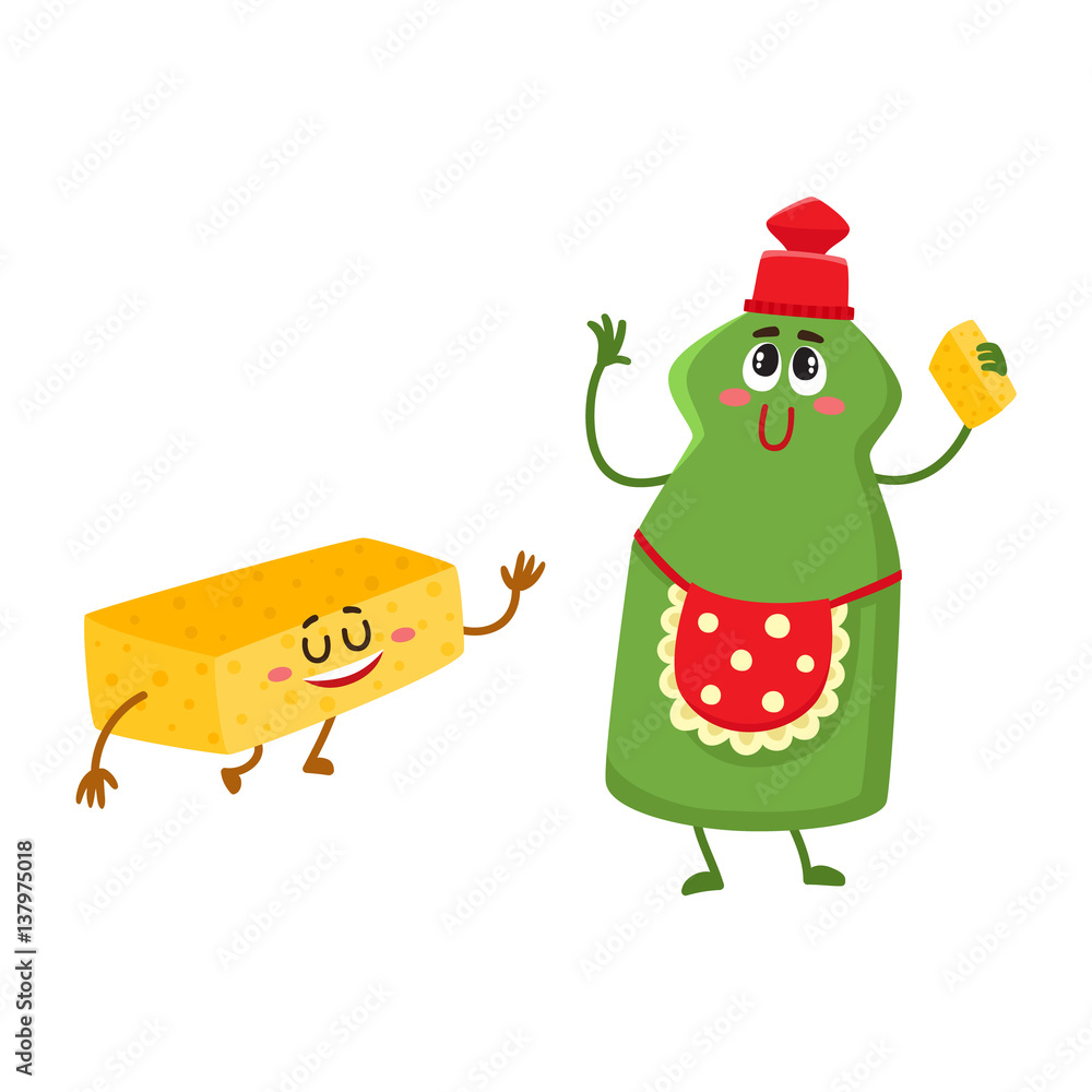 Funny dish washing liquid bottle and sponge characters with smiling ...