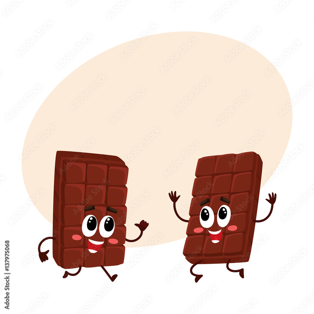 Two funny chocolate bar characters jumping from happiness and ...