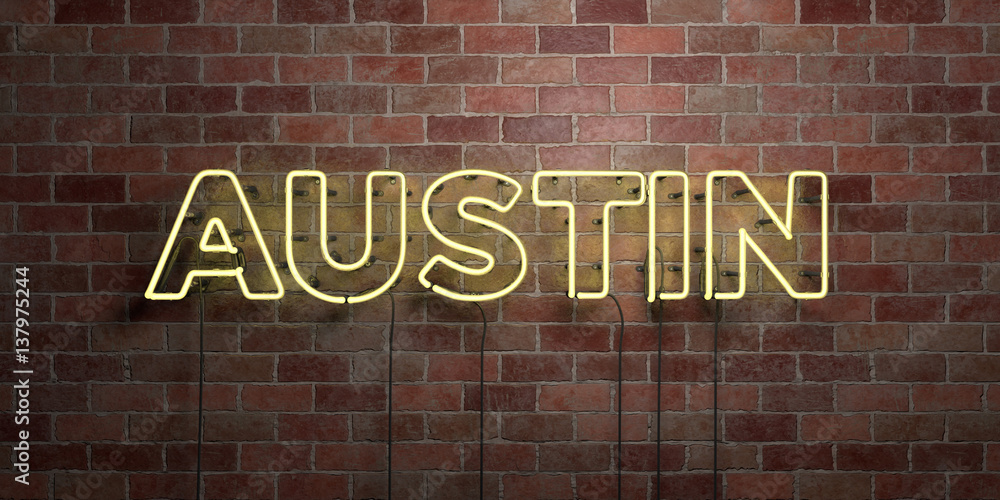 AUSTIN - fluorescent Neon tube Sign on brickwork - Front view - 3D ...