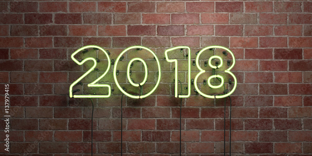 2018 - fluorescent Neon tube Sign on brickwork - Front view - 3D ...