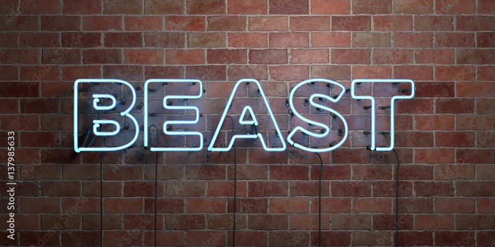 BEAST - fluorescent Neon tube Sign on brickwork - Front view - 3D ...