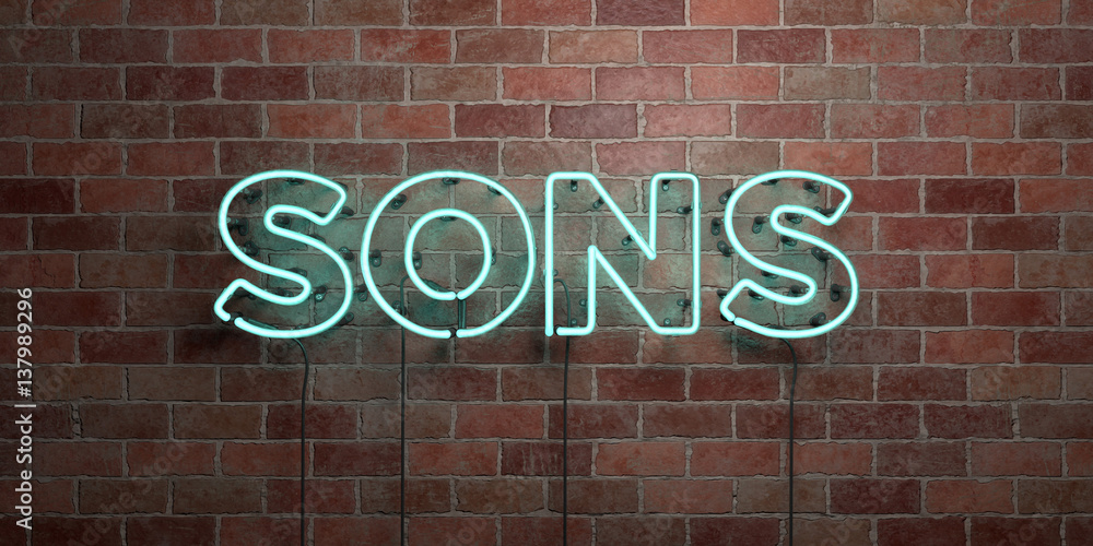 SONS - fluorescent Neon tube Sign on brickwork - Front view - 3D ...