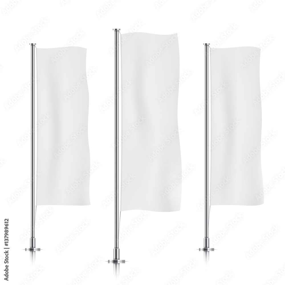 Three white vertical banner flags, standing in a row. Banner flag ...