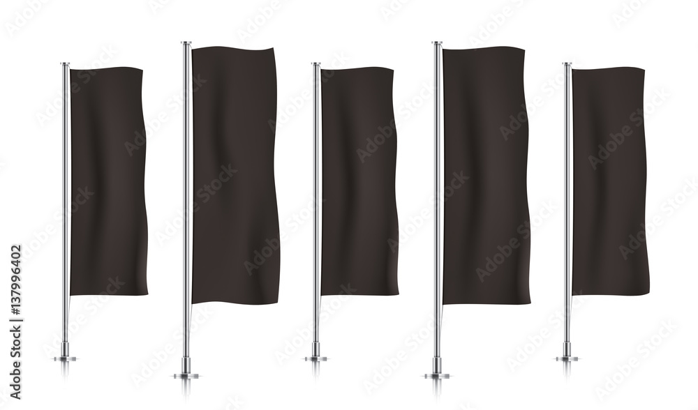 Five black vertical banner flags, standing in a row. Banner flag ...