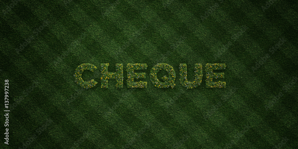 CHEQUE - fresh Grass letters with flowers and dandelions - 3D rendered ...