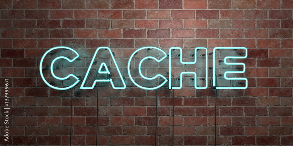CACHE - fluorescent Neon tube Sign on brickwork - Front view - 3D ...