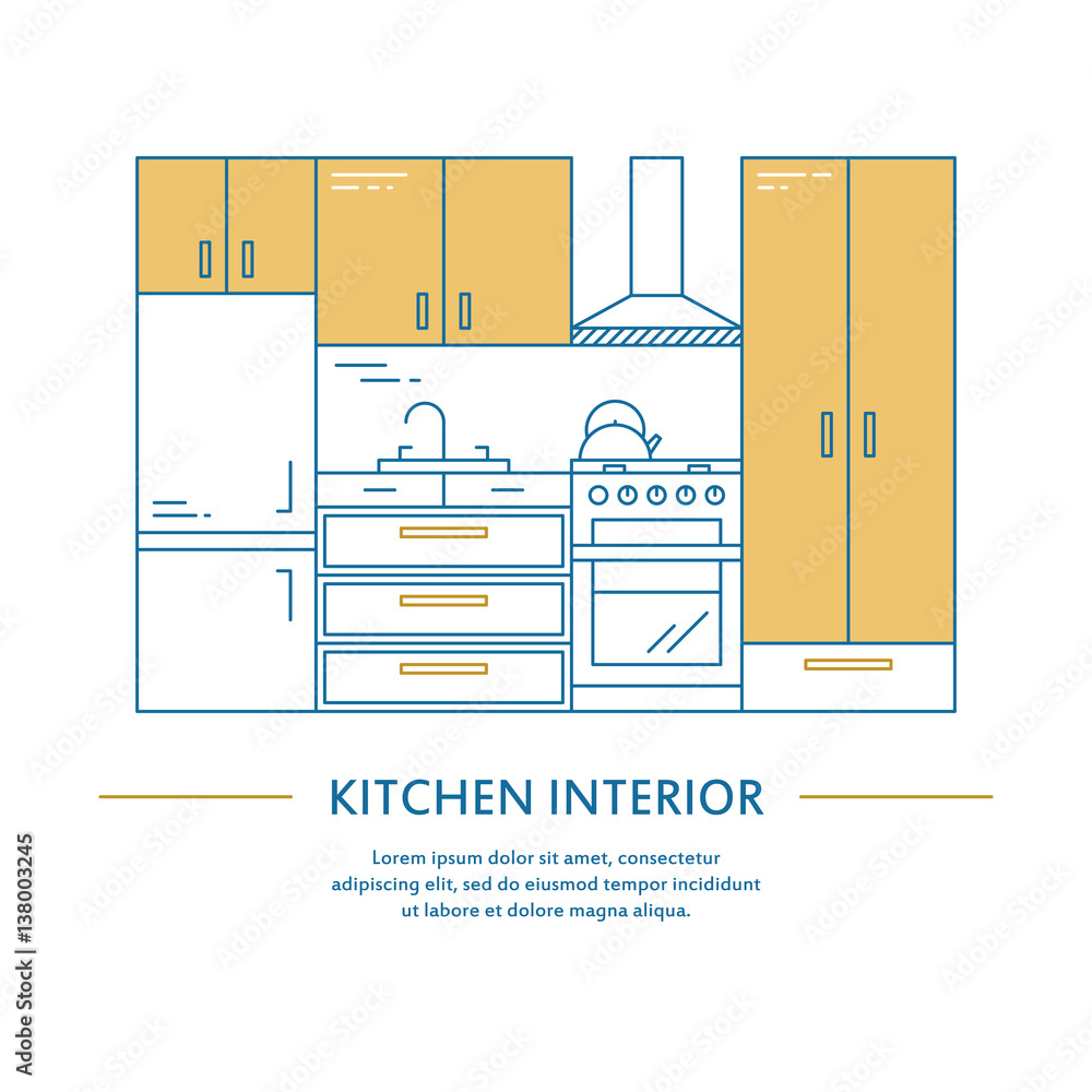 Vector kitchen interior design brochure cover in line style. Flyer home ...