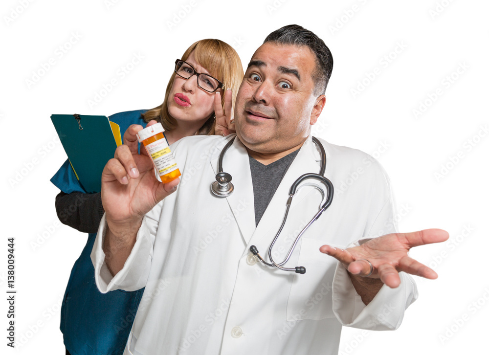 Foto Stock Goofy Doctor and Nurse with Prescription Bottle Isolated on ...
