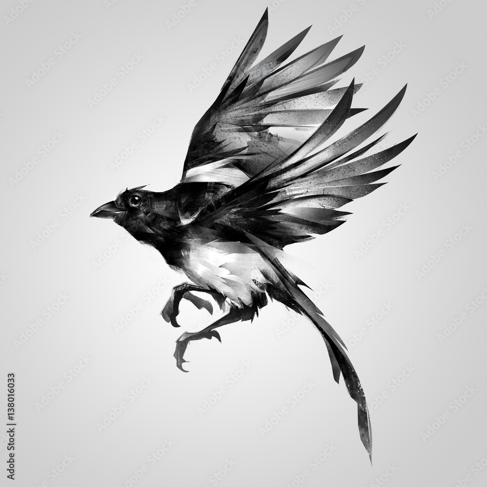 isolated painted realistic sketch magpie in flight Stock Illustration ...