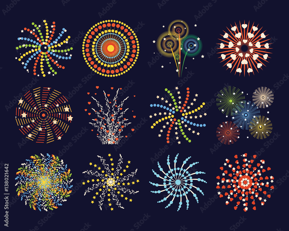 Firework different shapes colorful festive and bright carnival or ...