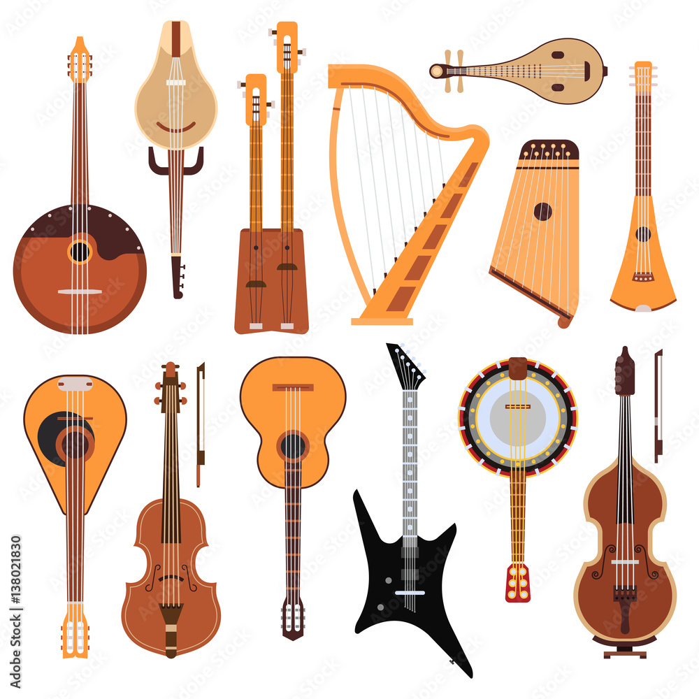 Set of stringed musical instruments classical orchestra art sound tool ...