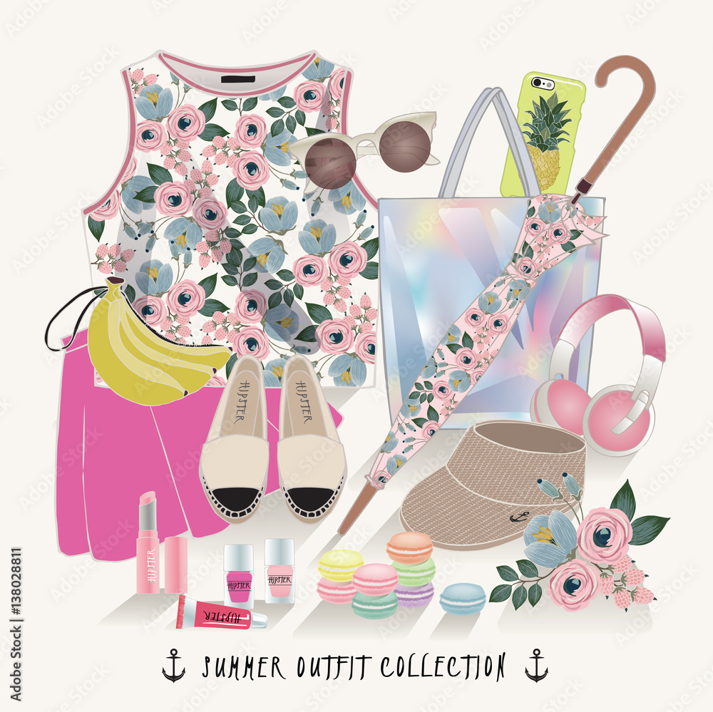 Vector of hand drawn fashion illustration. A set of summer outfit ...