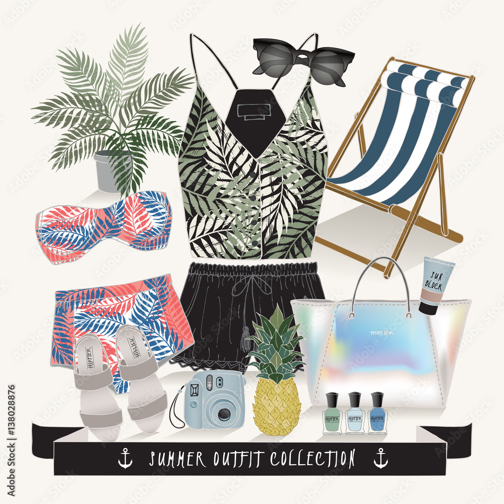 Vector of hand drawn fashion illustration. A set of summer outfit ...
