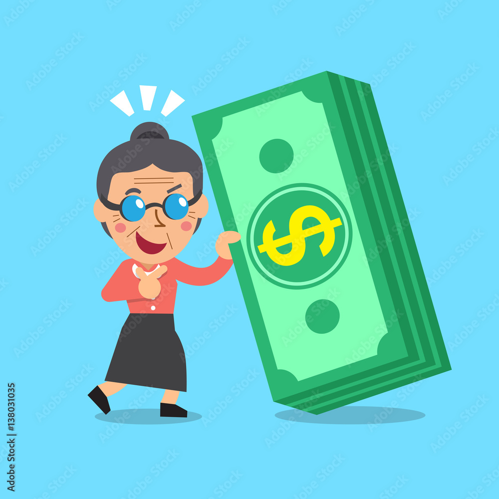 Cartoon senior woman with money stack Stock Vector | Adobe Stock