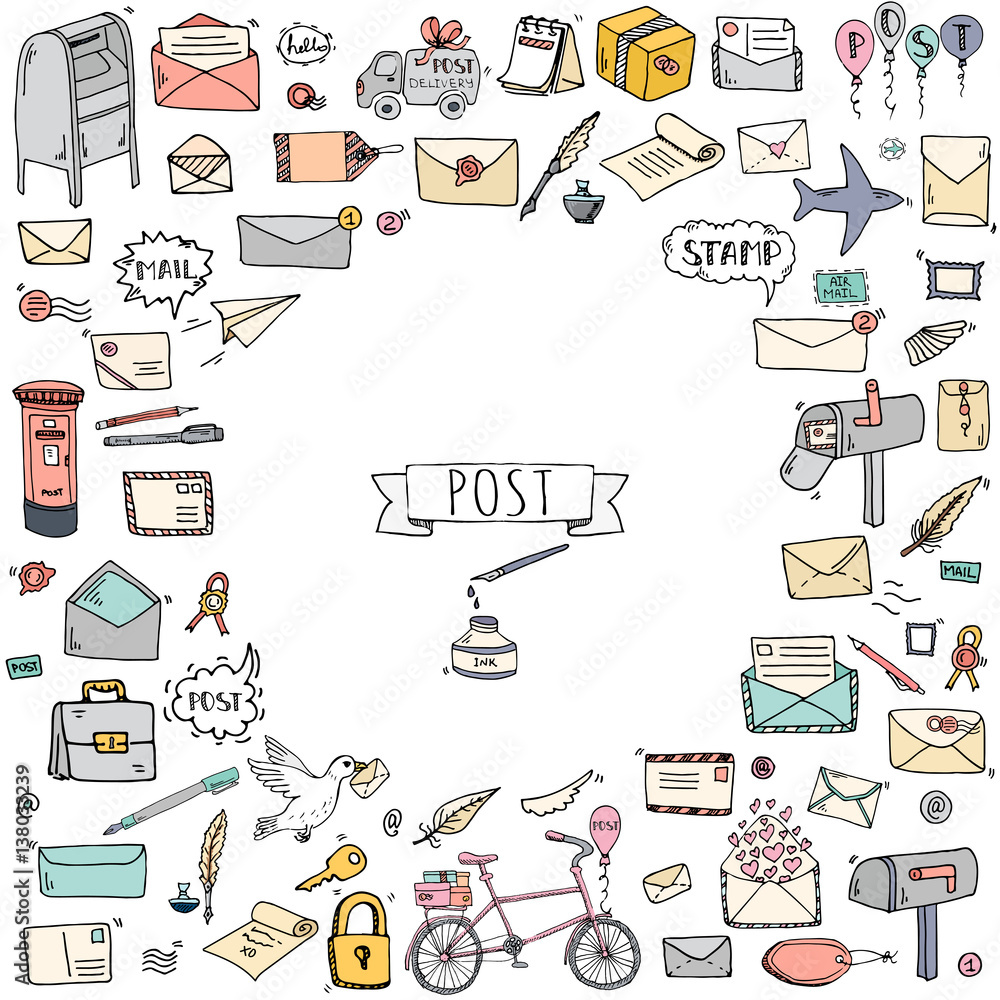 Hand drawn doodle Postal elements icon set. Vector illustration ...