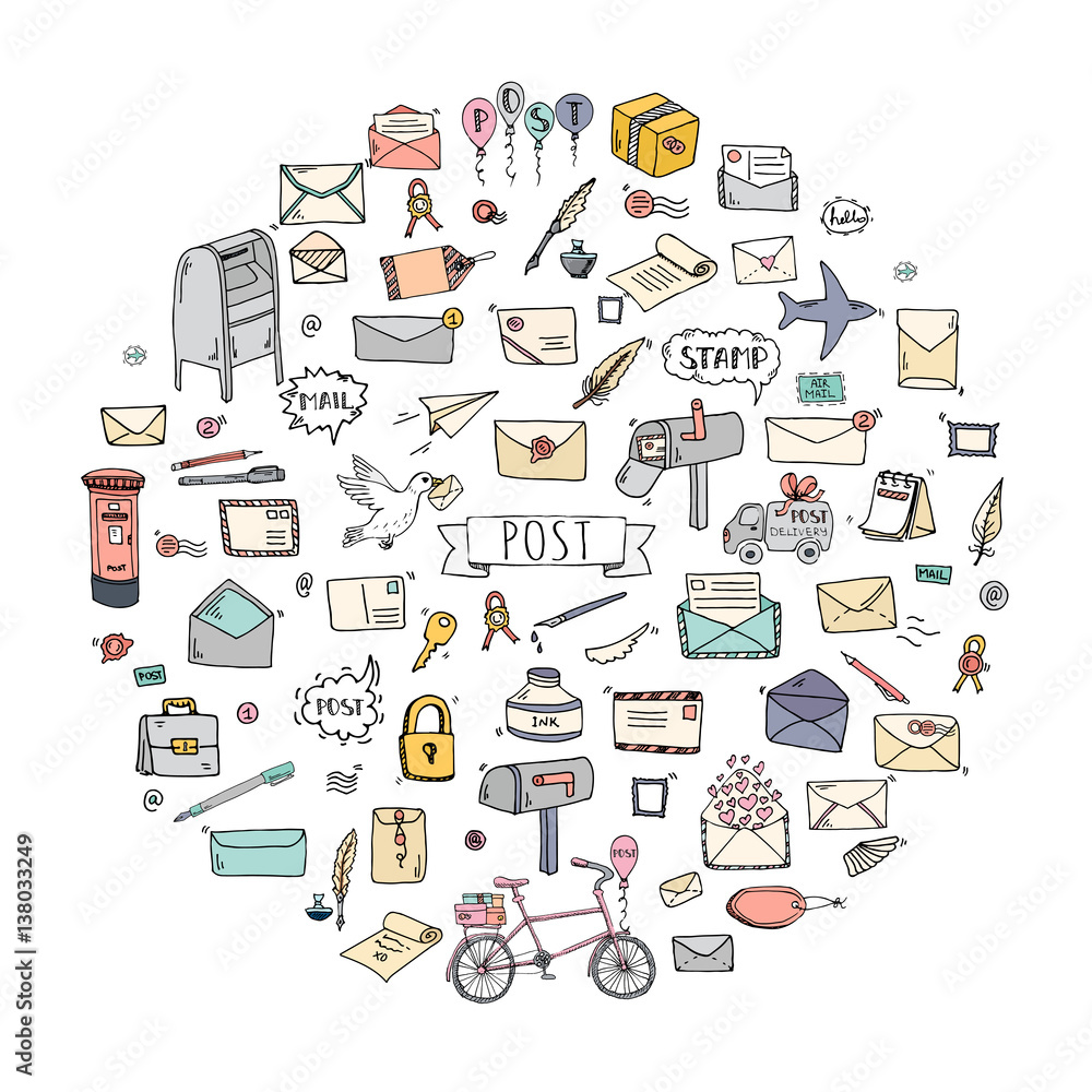 Hand drawn doodle Postal elements icon set. Vector illustration ...