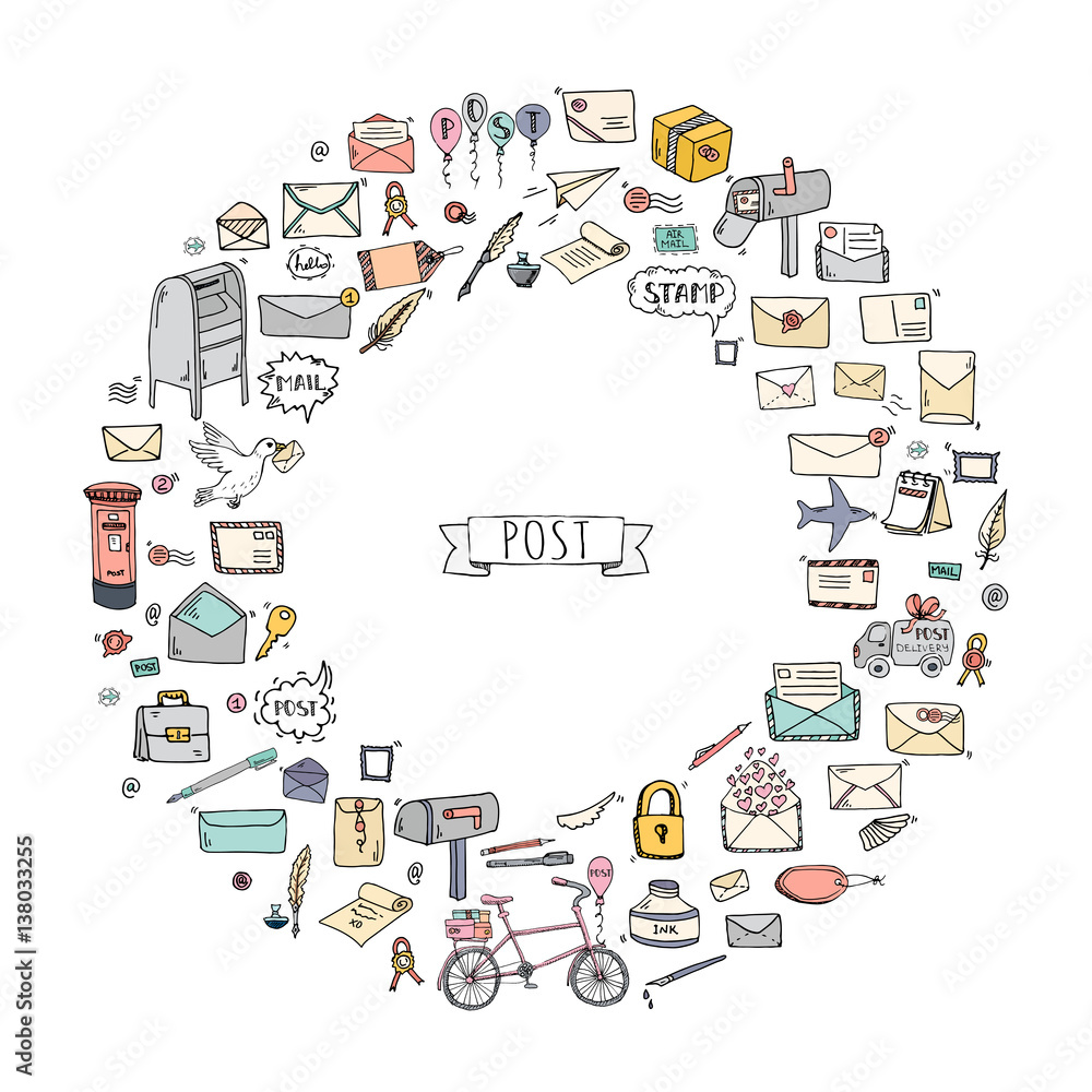 Hand drawn doodle Postal elements icon set. Vector illustration ...