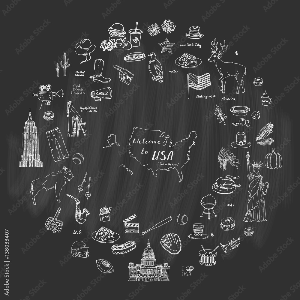 Hand drawn doodle USA set Vector illustration Sketchy american icons ...