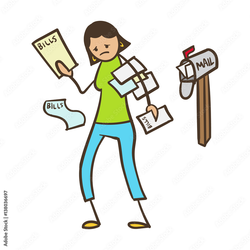 Cartoon Stick Figure Woman With Bills in the Mail Stock Vector | Adobe ...
